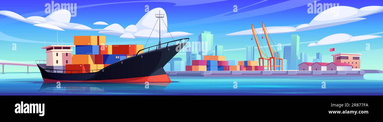 Cartoon cargo ship against maritime port and cityscape background ...