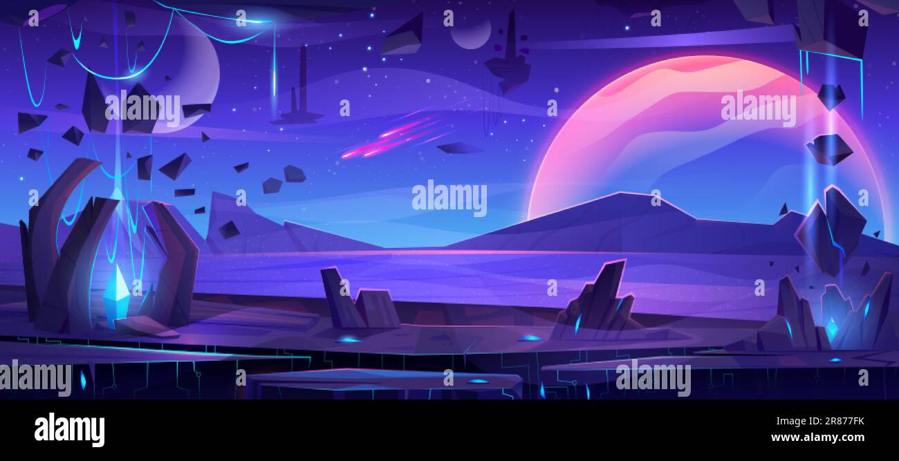 Cartoon alien planet landscape with neon blue crystals. Vector ...