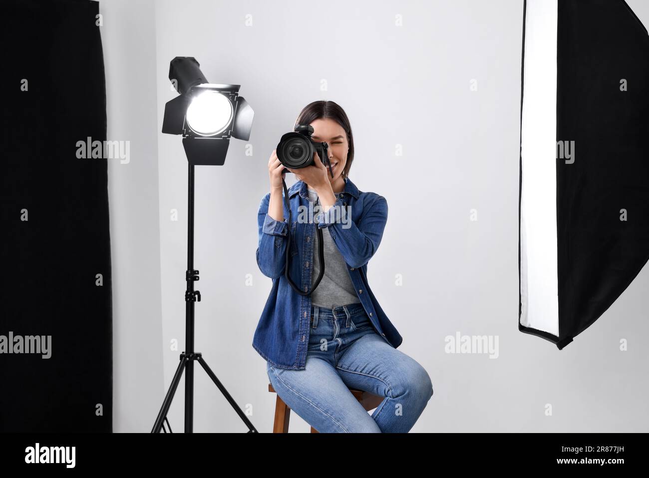 Professional photographer taking picture in modern photo studio Stock ...