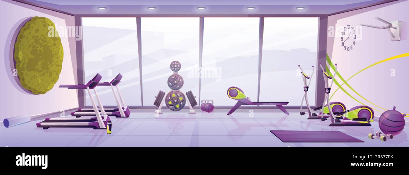 Vector gym room interior with fitness equipment cartoon background ...