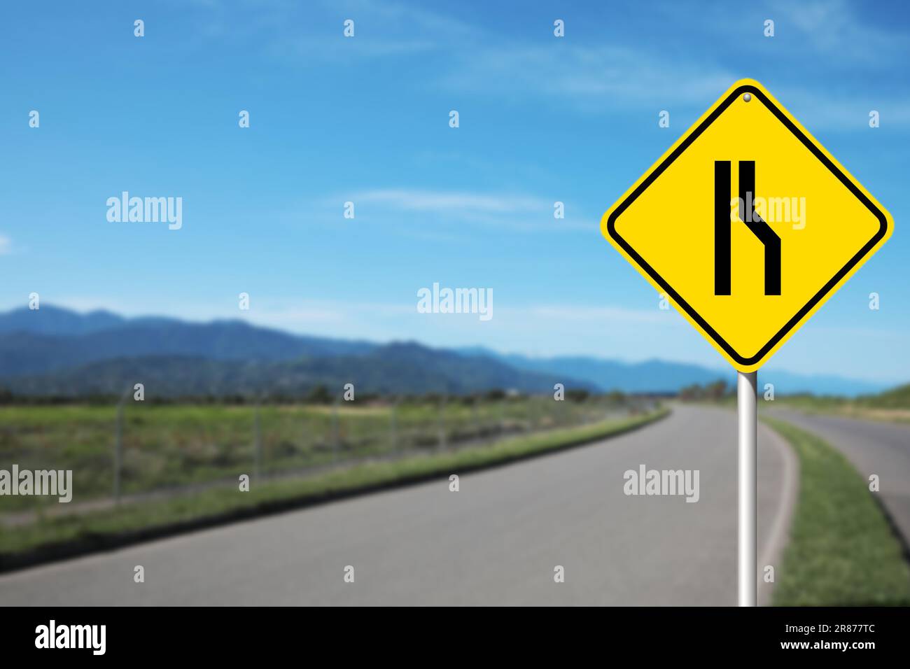 Road Narrows On Right road sign on highway, space for text Stock Photo ...