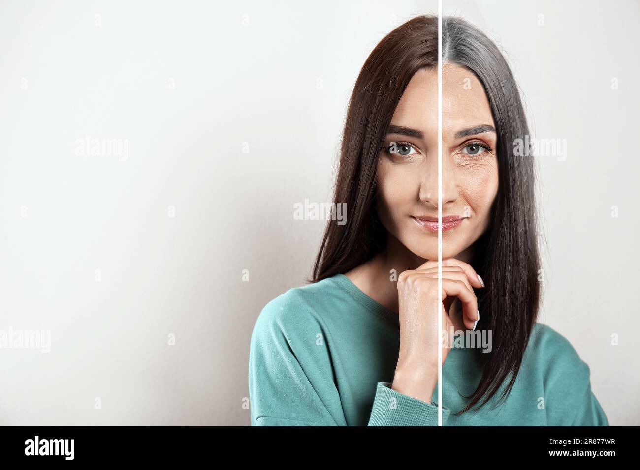 Changes in appearance during aging. Portrait of woman divided in half ...