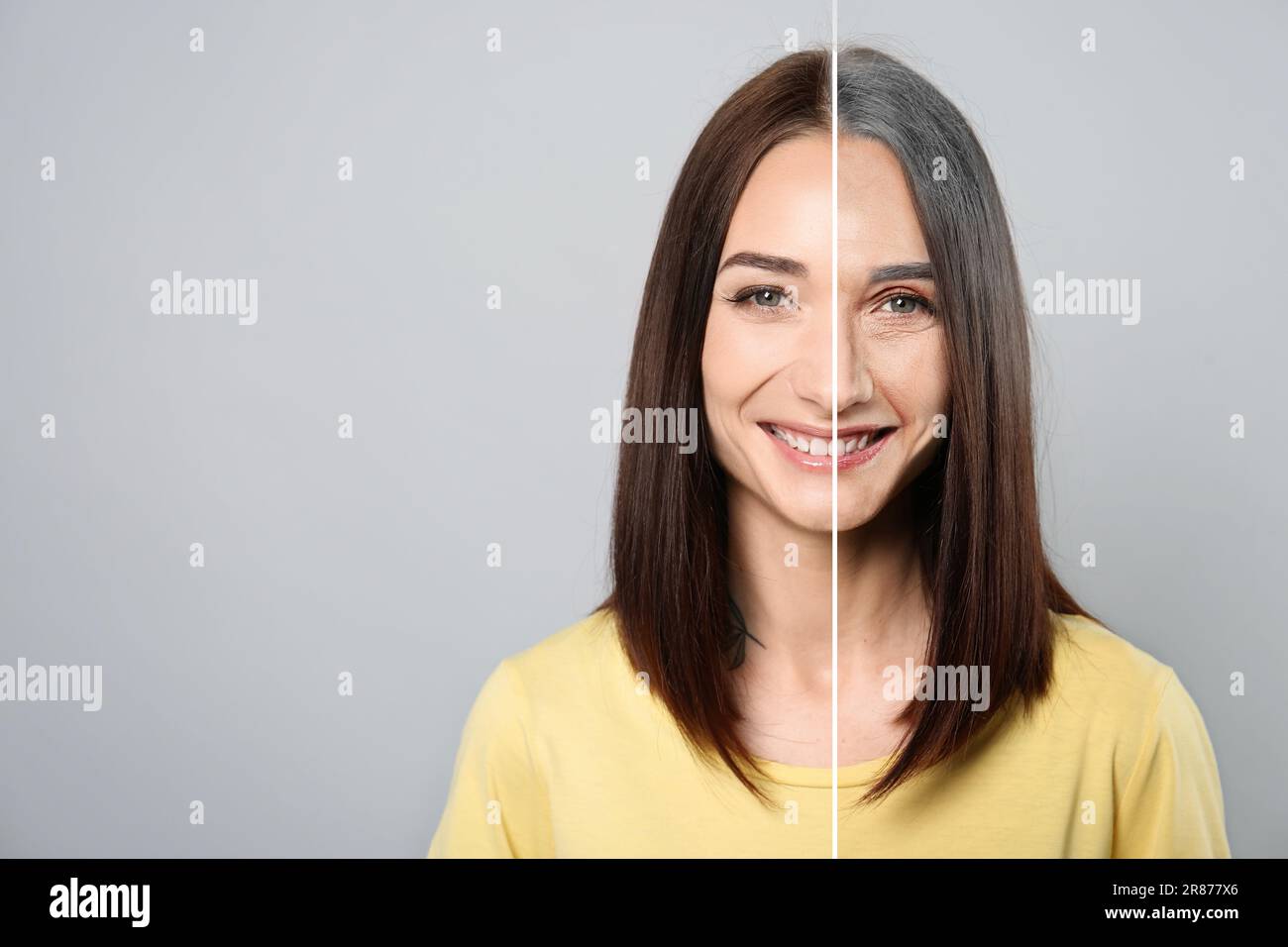 Changes in appearance during aging. Portrait of woman divided in half ... Changes in appearance during aging. Portrait of woman divided in half ...
