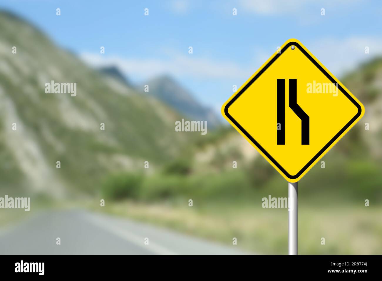 Road Narrows On Right road sign on highway, space for text Stock Photo ...