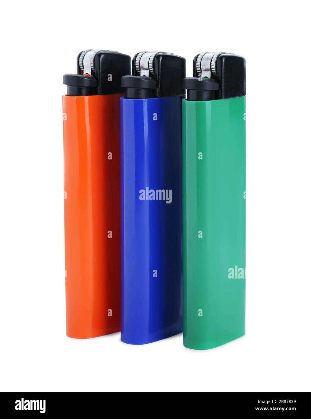 Stylish small pocket lighters on white background Stock Photo - Alamy