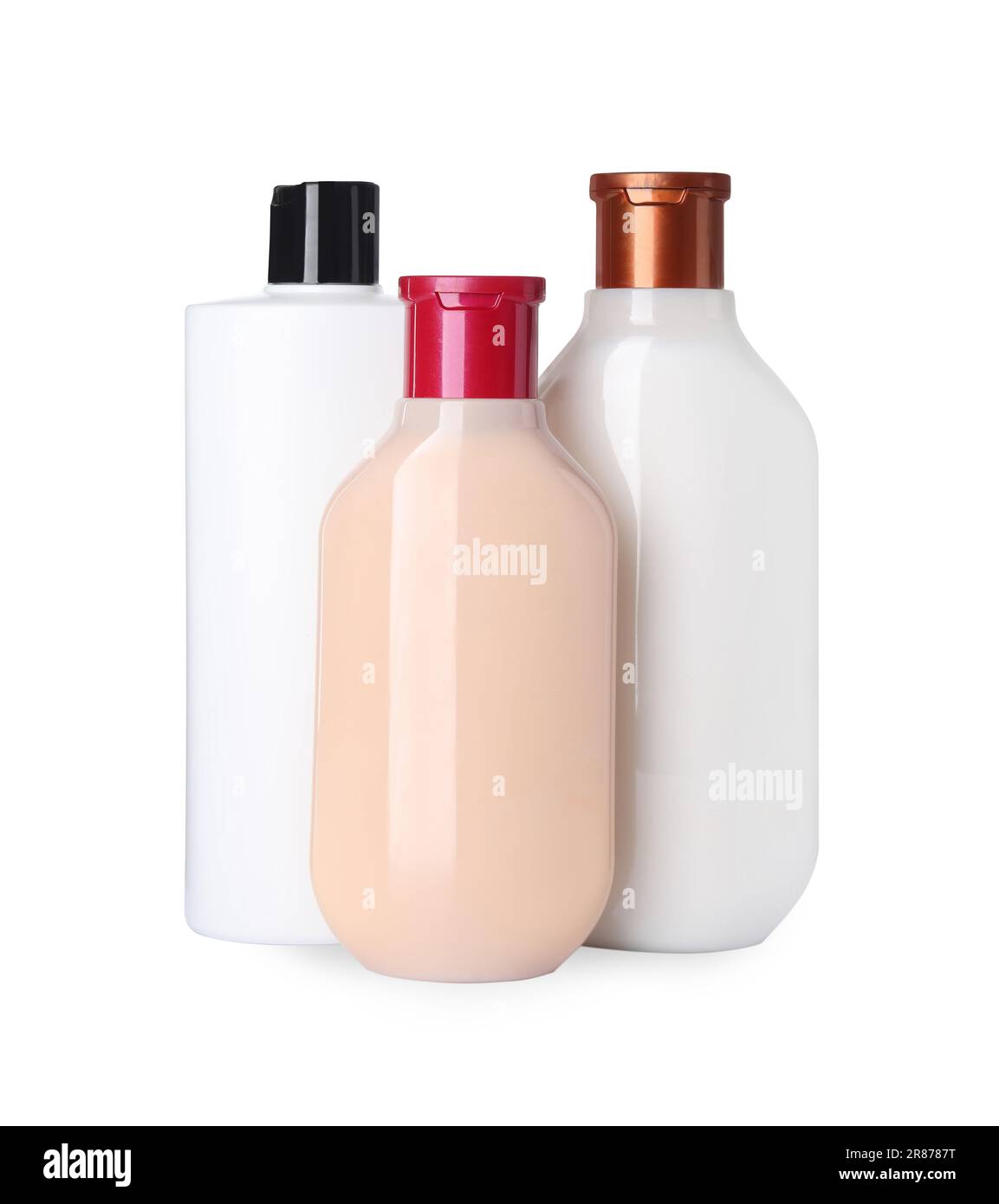 Different bottles of shampoo on white background Stock Photo - Alamy