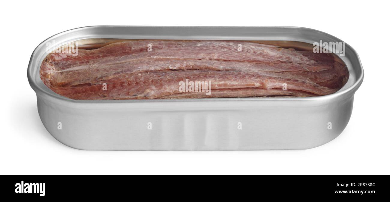 Anchovy fillets in open tin can isolated on white Stock Photo - Alamy