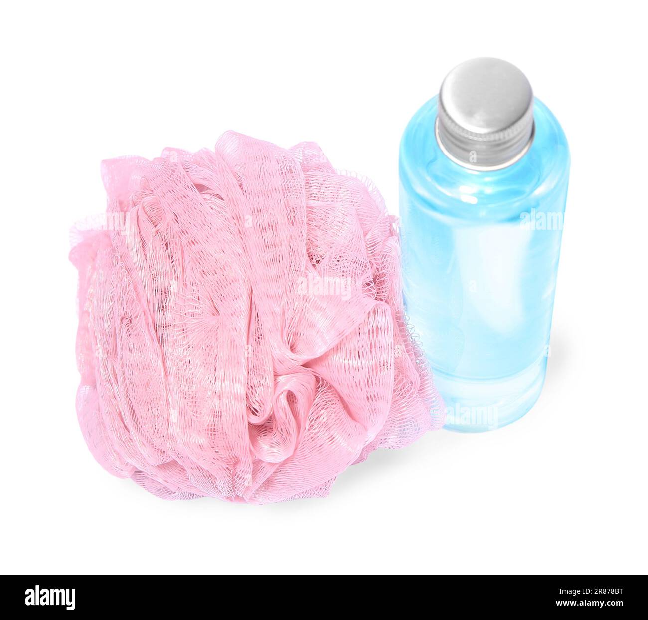 New pink shower puff and bottle of cosmetic product on white background ...