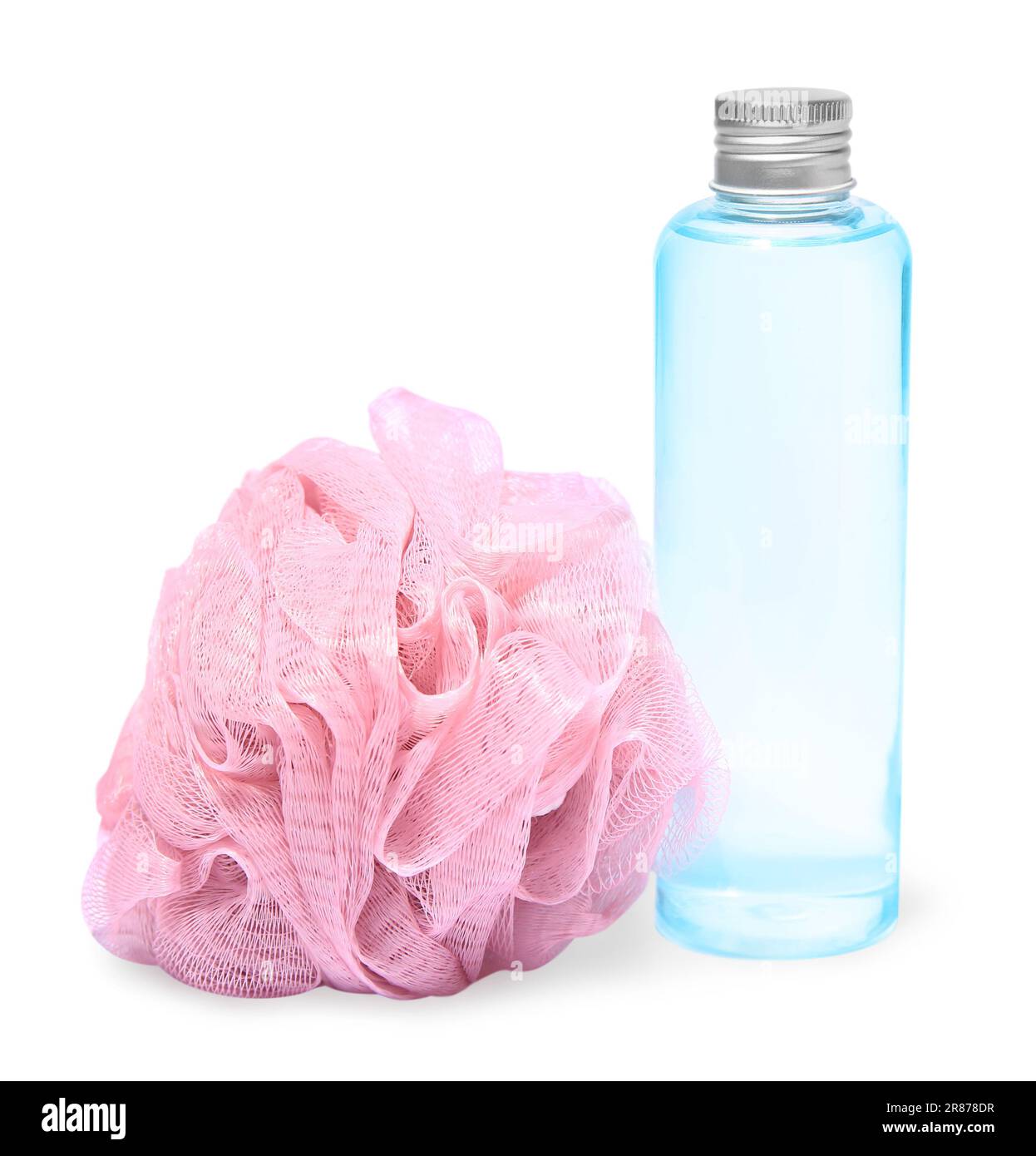 New pink shower puff and bottle of cosmetic product on white background ...