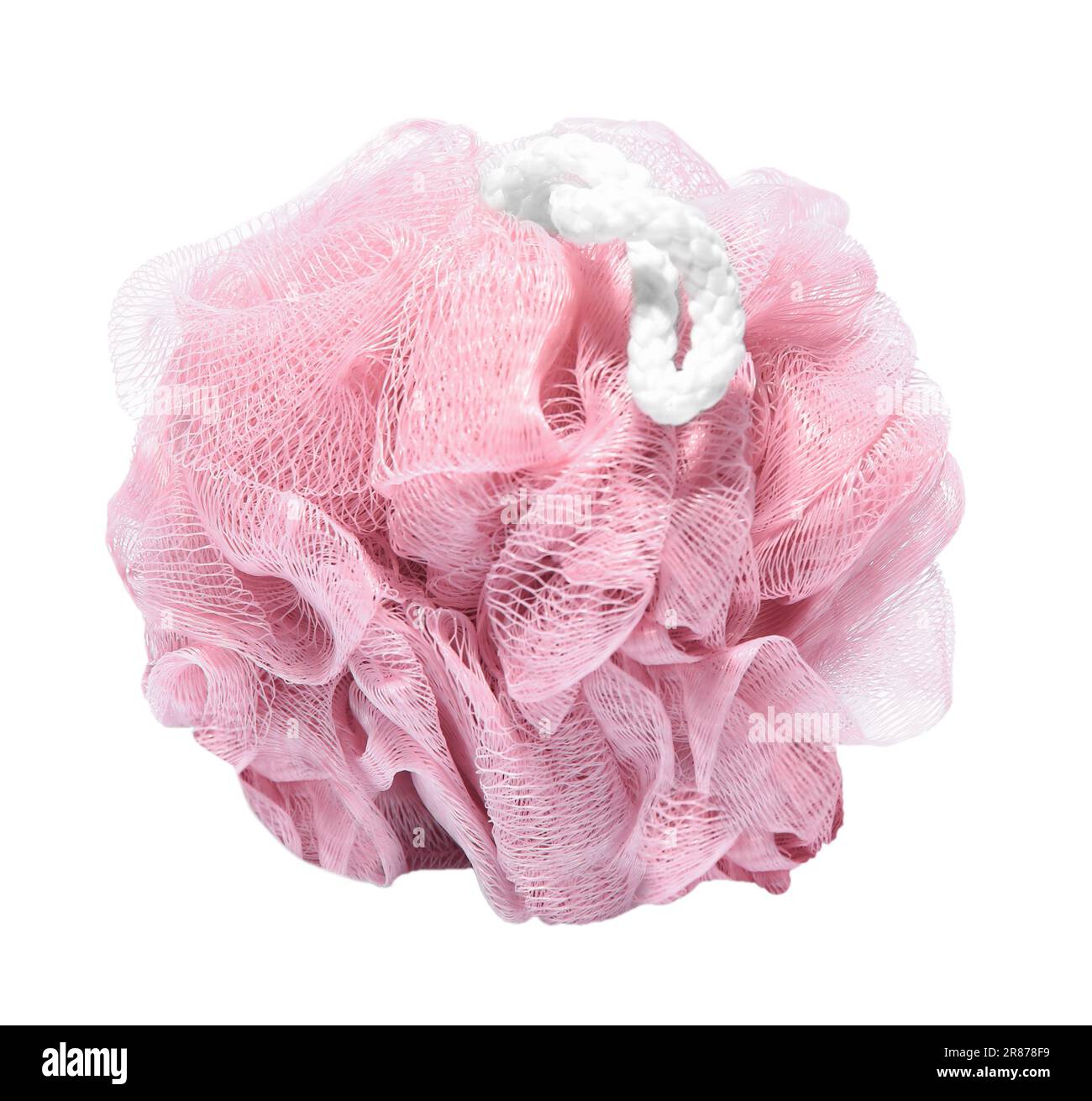 New pink shower puff isolated on white. Personal hygiene Stock Photo ...