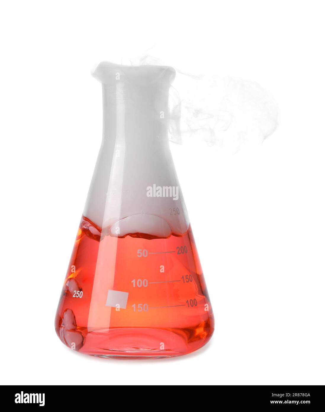 Laboratory flask with colorful liquid and steam isolated on white ...