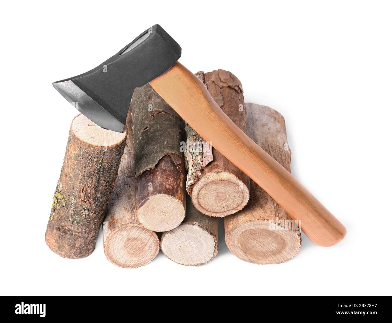 Metal ax and wood logs on white background Stock Photo - Alamy