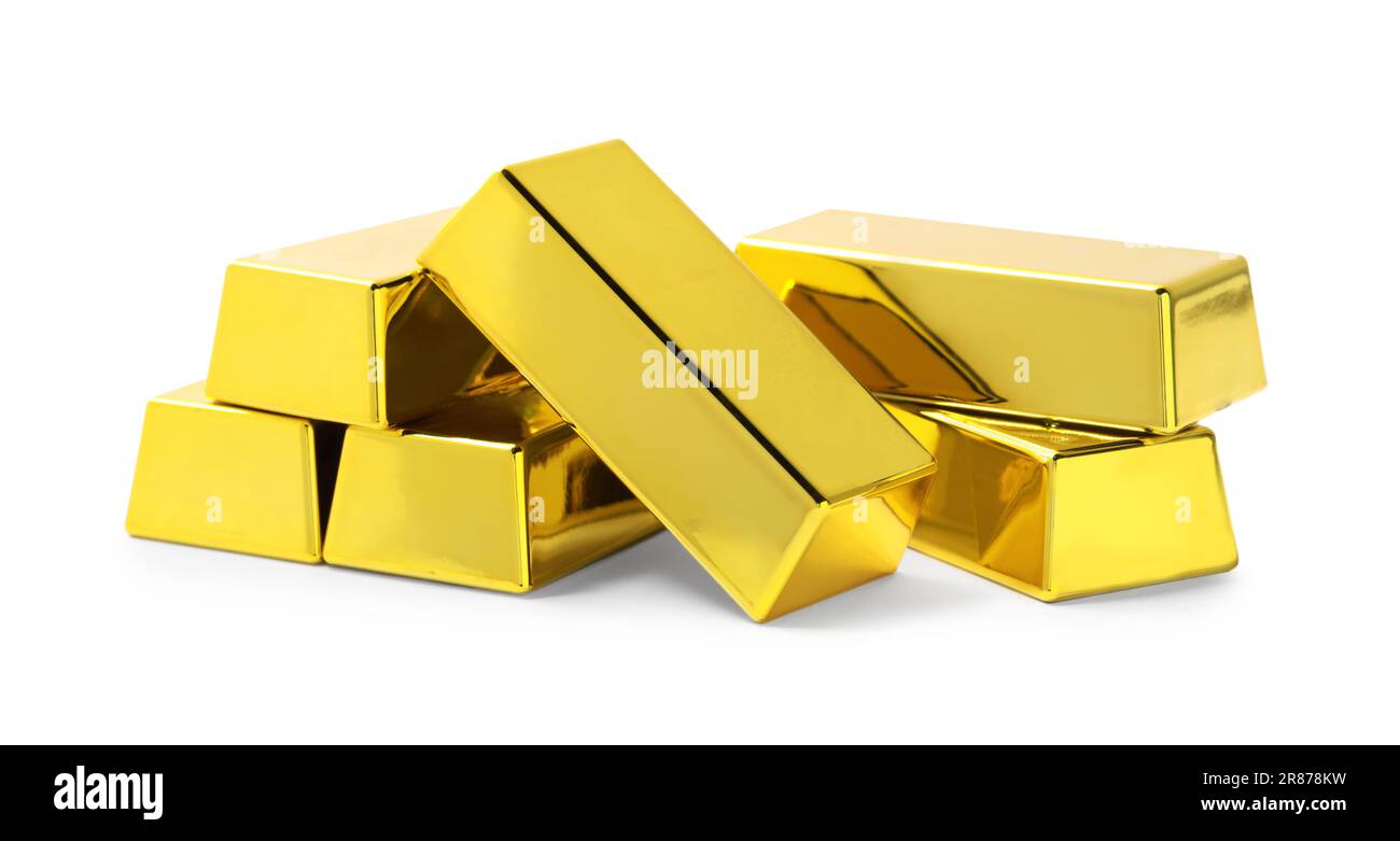 Many shiny gold bars isolated on white Stock Photo - Alamy