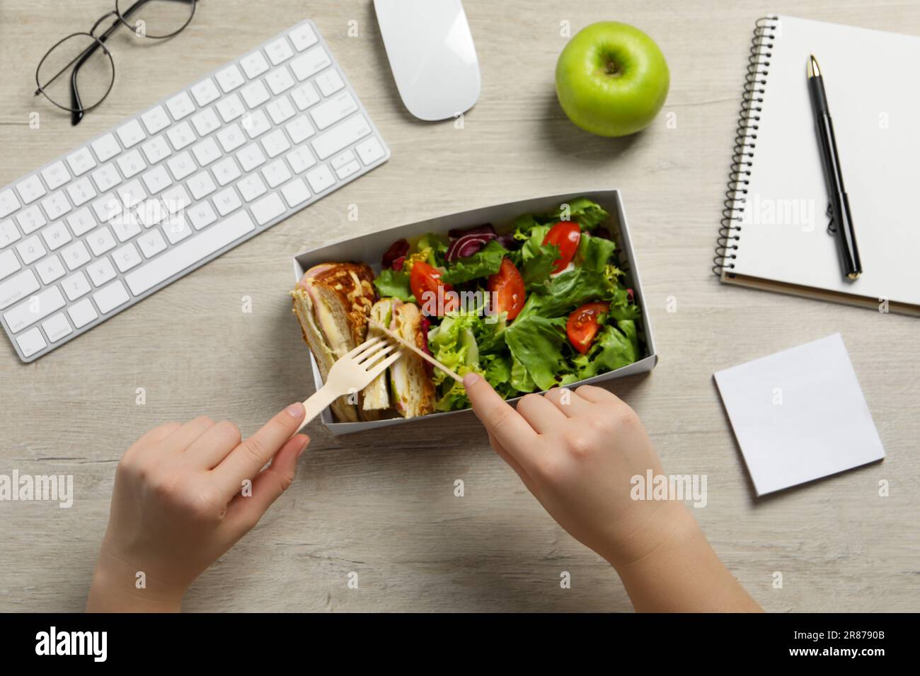 Office employee having business lunch at workplace, top view Stock ...