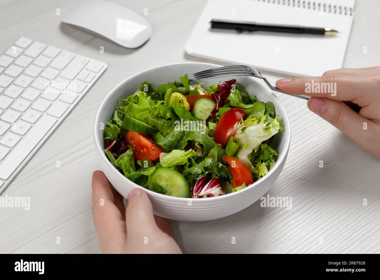 Office employee having business lunch at workplace, closeup Stock Photo ...