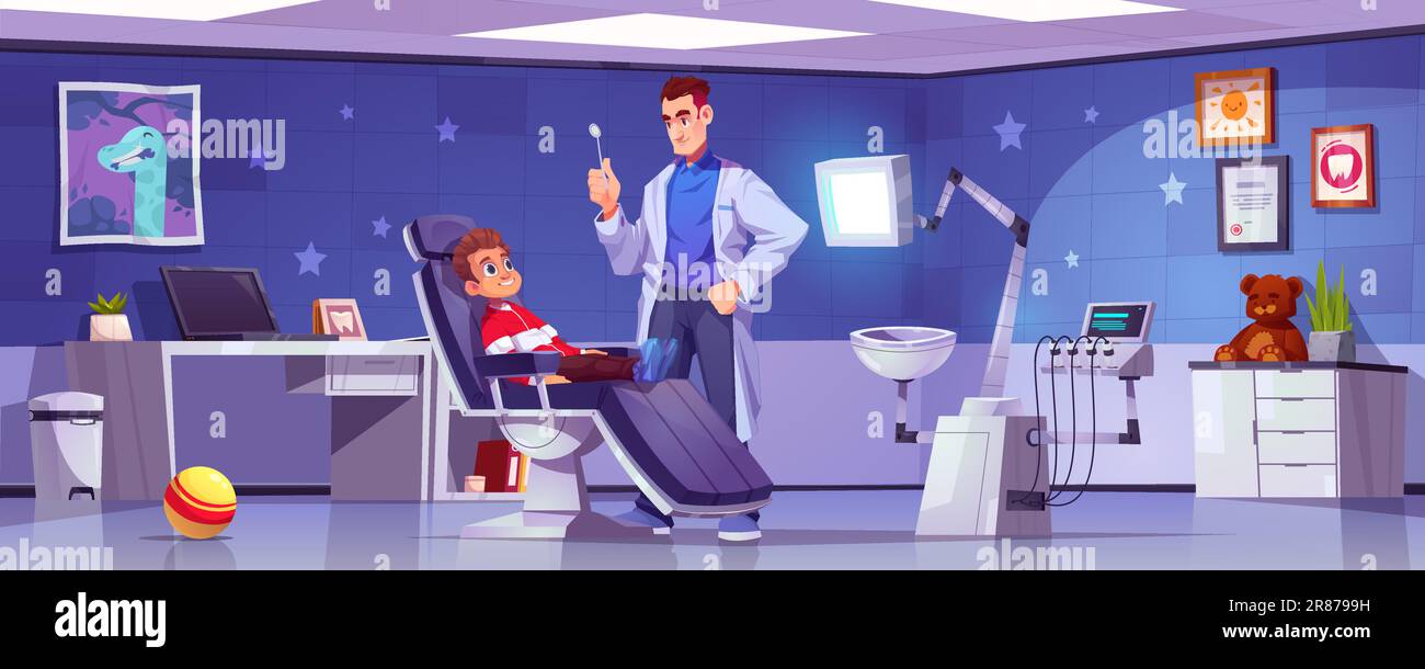 Child dental office cartoon vector. Kid boy patient in dental hospital ...