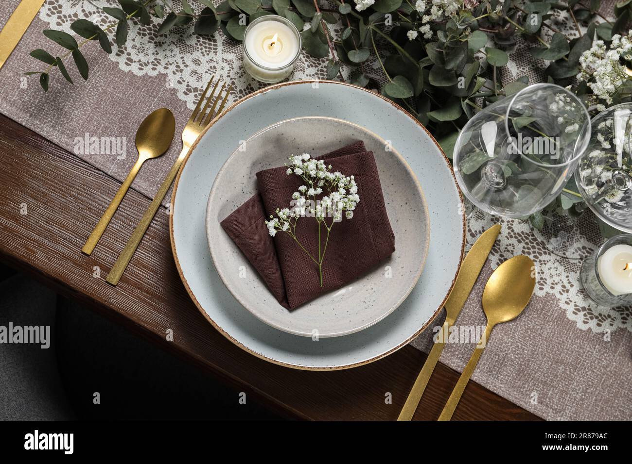 Stylish elegant table setting for festive dinner, flat lay Stock Photo ...