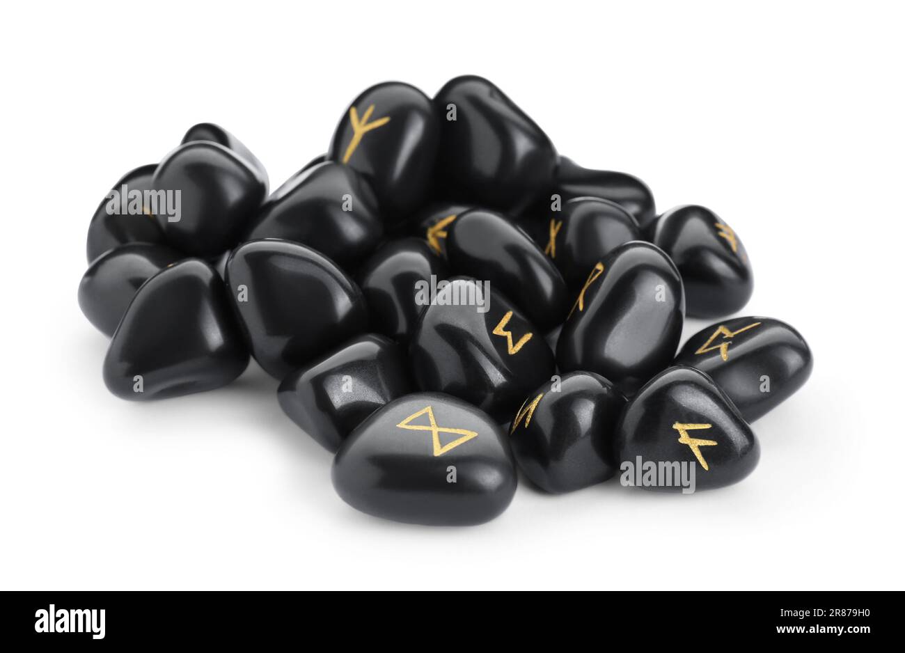 Pile of black rune stones isolated on white Stock Photo - Alamy