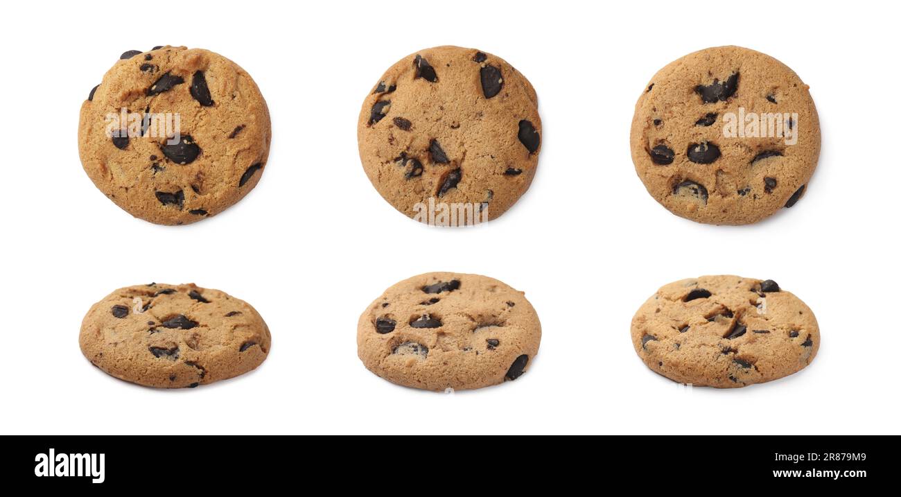 Collage of tasty chocolate chip cookies on white background, top and ...