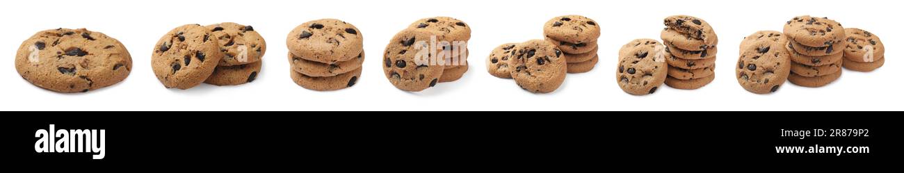 Tasty chocolate chip cookies on white background, collage design Stock ...