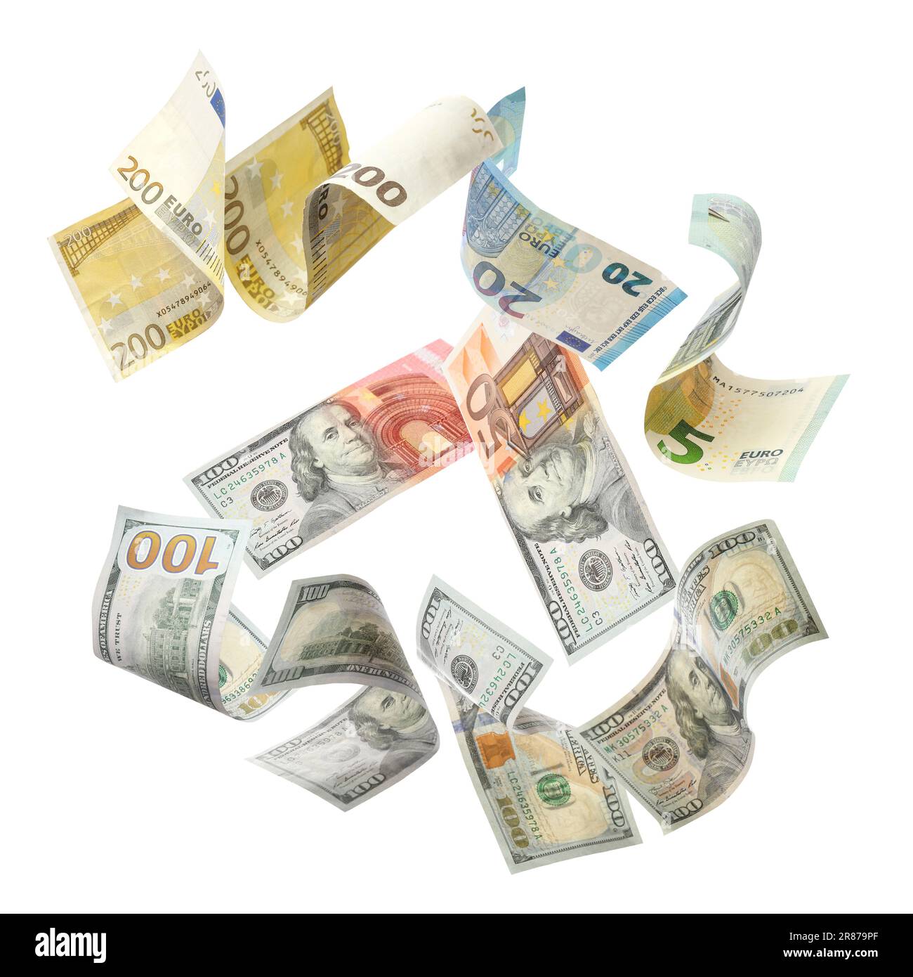 Money exchange. Euro banknotes turning into dollars while falling on ...