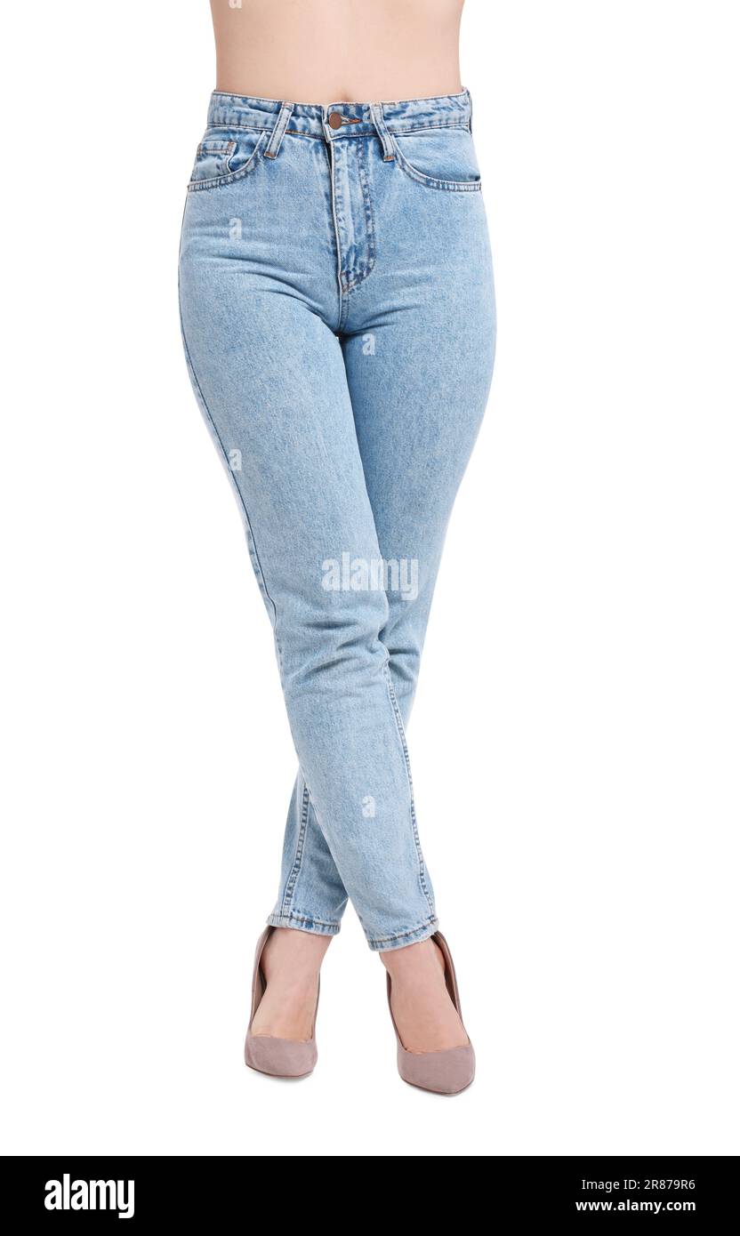 Woman in stylish jeans on white background, closeup Stock Photo - Alamy