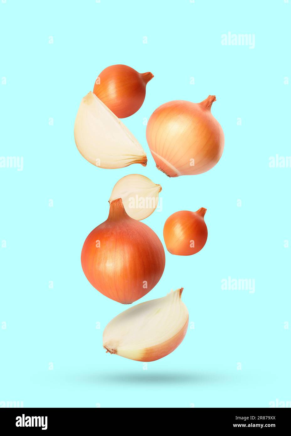 Cut and whole onions falling on pastel light blue background Stock ...