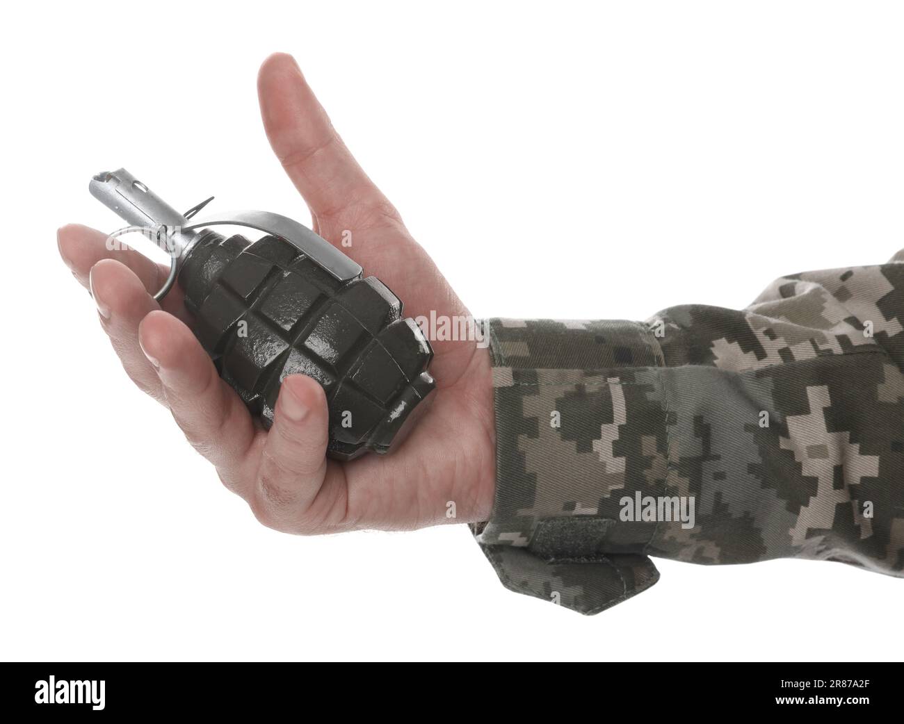 Soldier holding hand grenade on white background, closeup. Military ...
