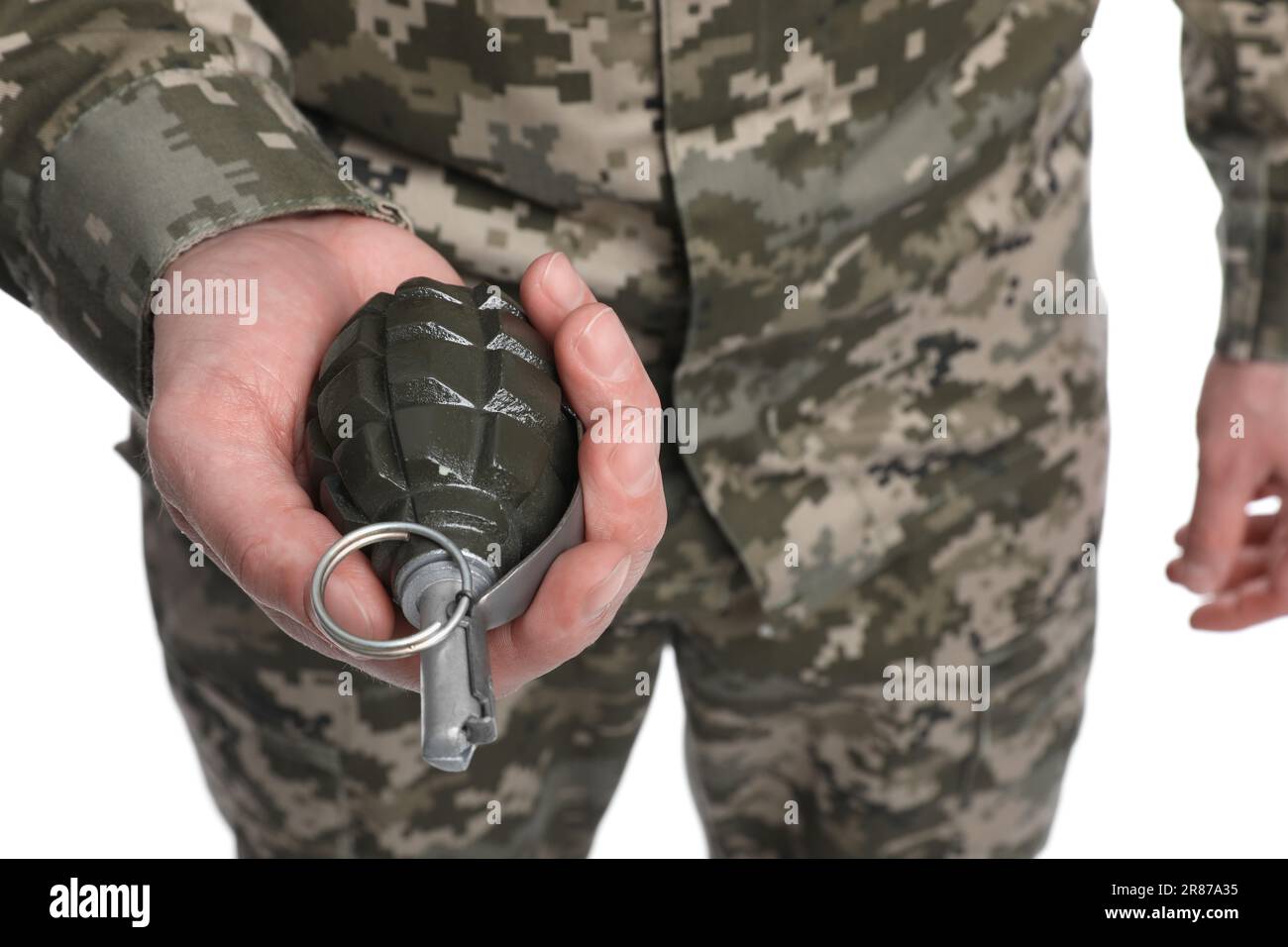 Soldier holding hand grenade on white background. Military service ...