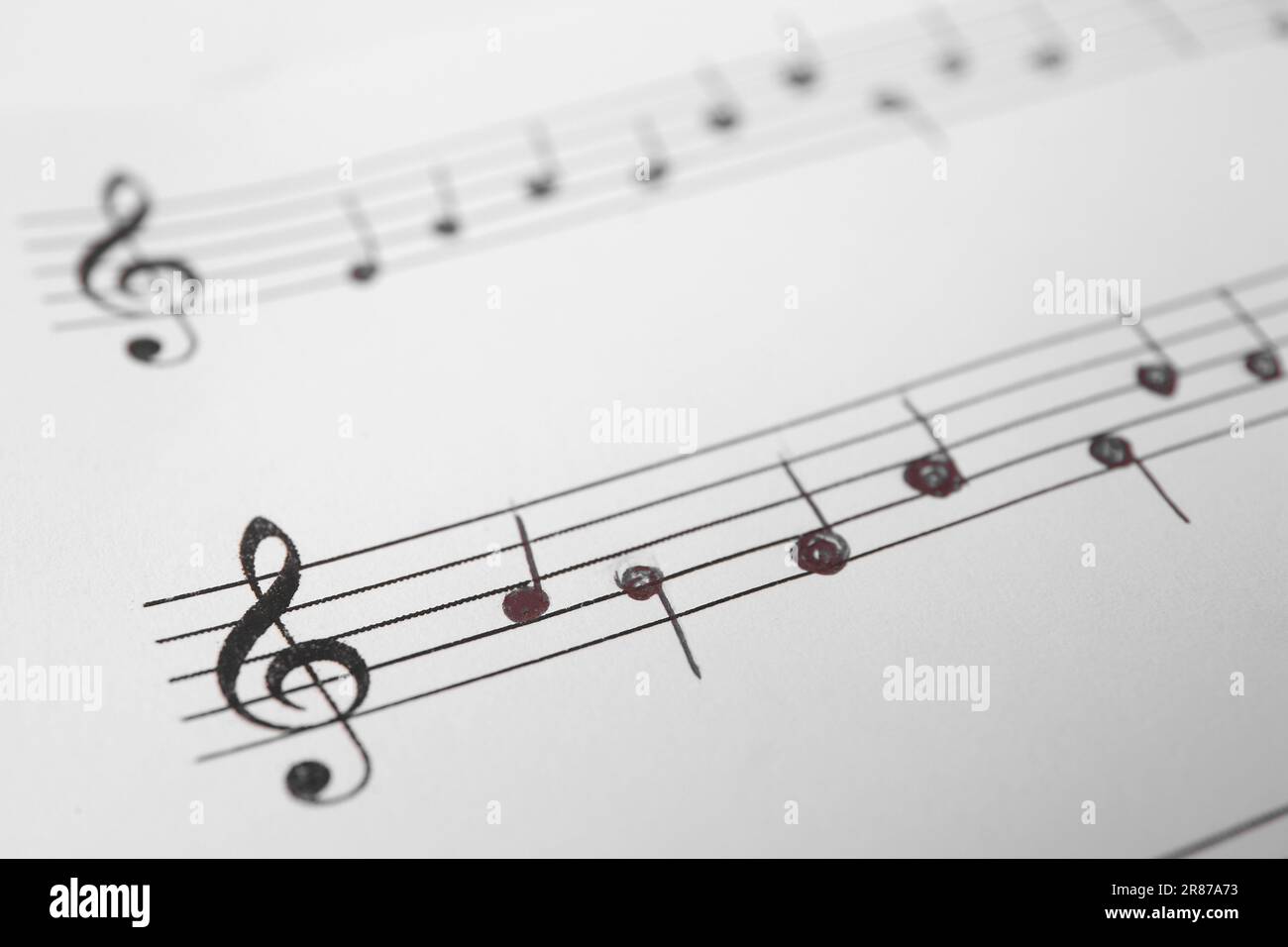 Sheet of paper with music notes as background, closeup view Stock Photo ...