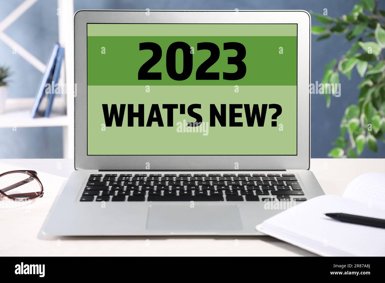 Future trends. 2023 What's New? text on laptop display. Modern device ...