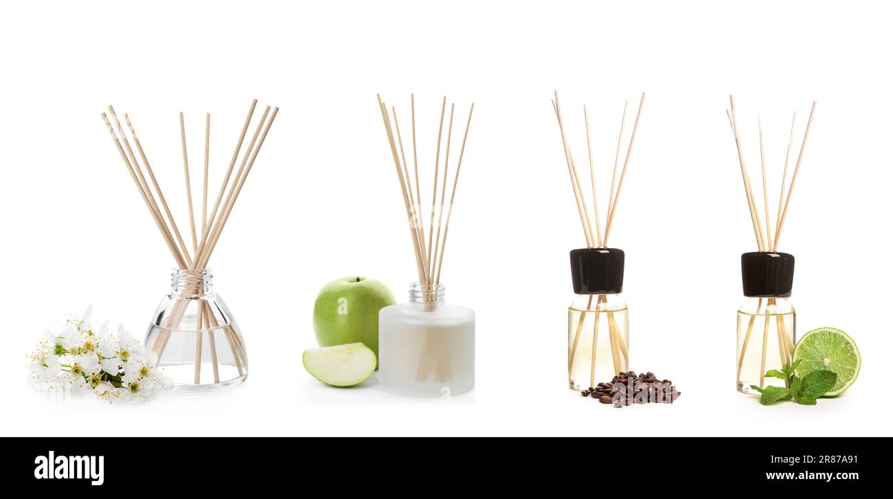 Collage with reed diffusers of different fragrances isolated on white ...