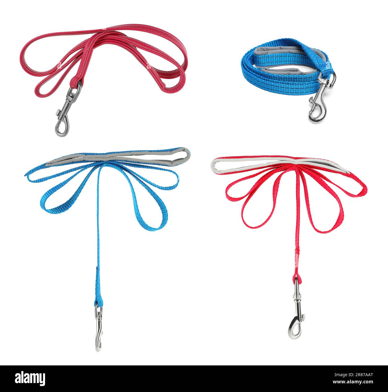 Different pet leashes on white background, collage design Stock Photo ...