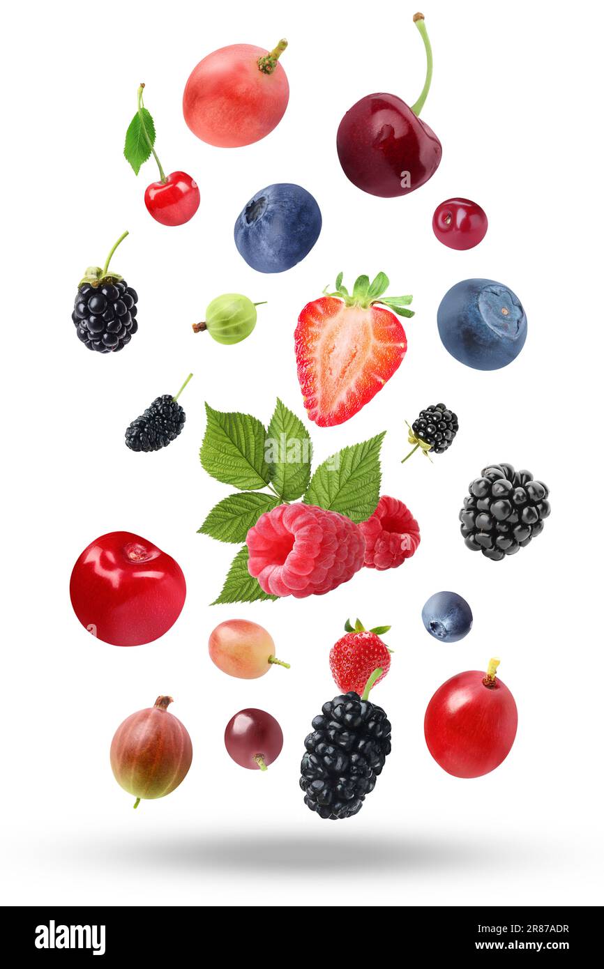 Many different fresh berries falling on white background Stock Photo ...