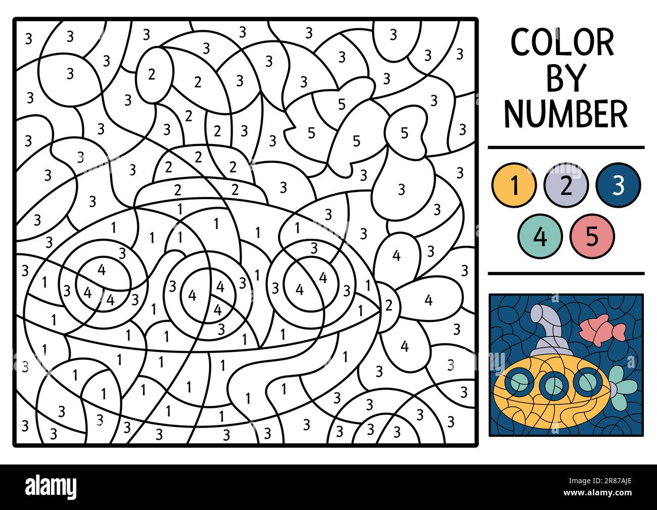 Vector under the sea color by number activity with submarine and fish ...