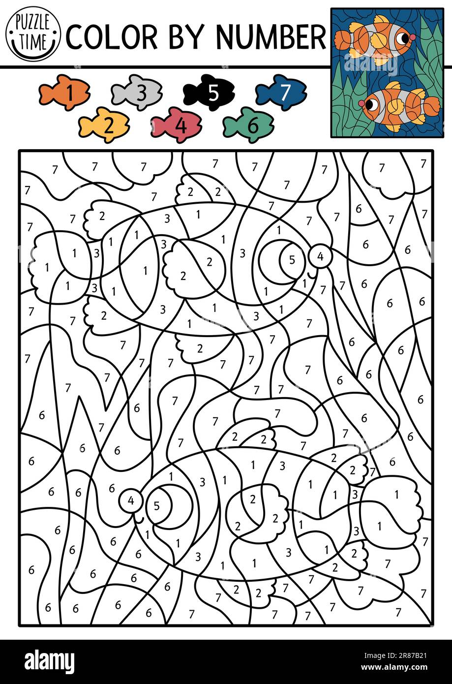 Vector under the sea color by number activity with clownfish and ...