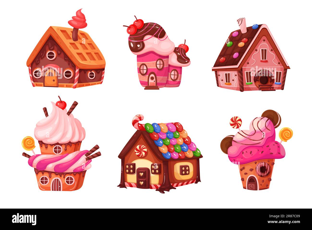 Candy houses set vector illustration. Cartoon isolated confectionery snack castles collection ...