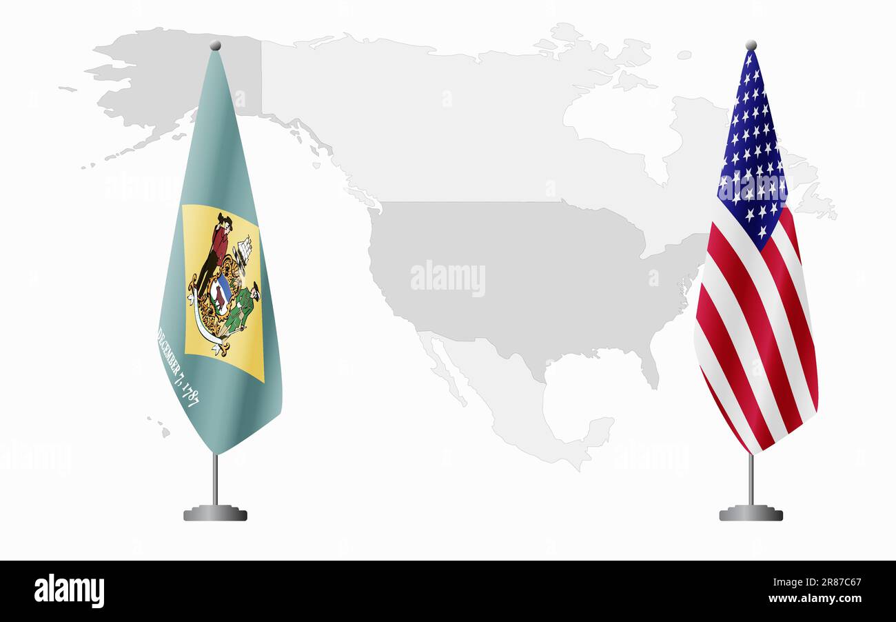 Delaware US and USA flags for official meeting against background of ...