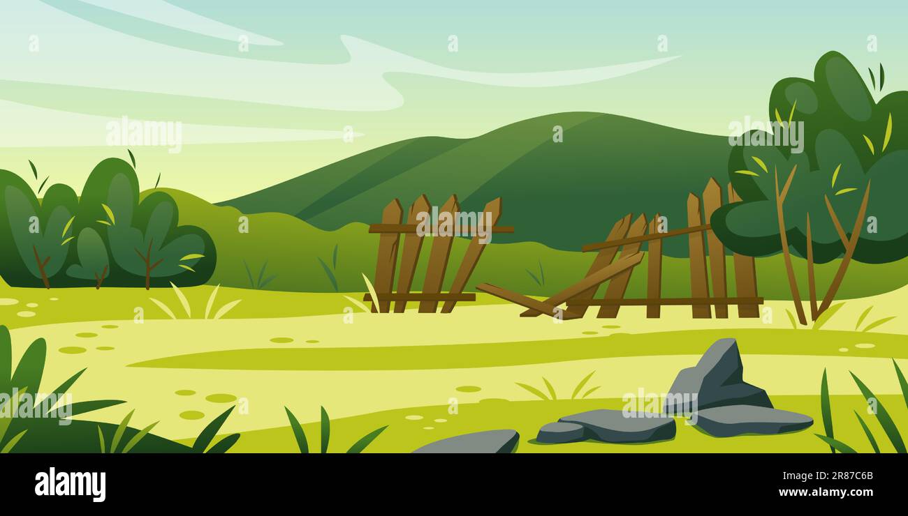 Cartoon backyard. Scenic sky and nature meadow. Wooden fence. Yard lawn ...