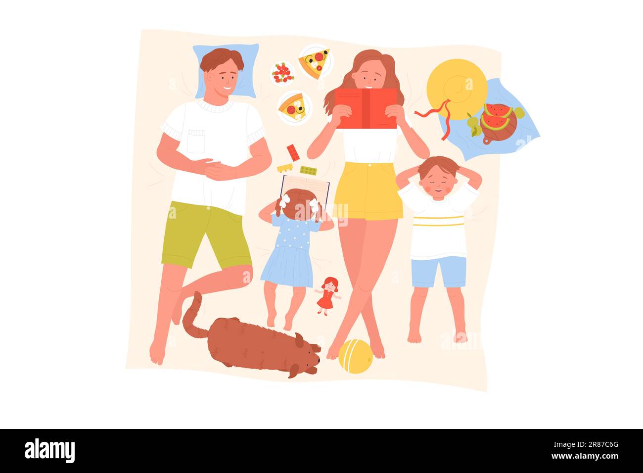 Cartoon parents and kids lying on summer grass lawn, cute woman and ...