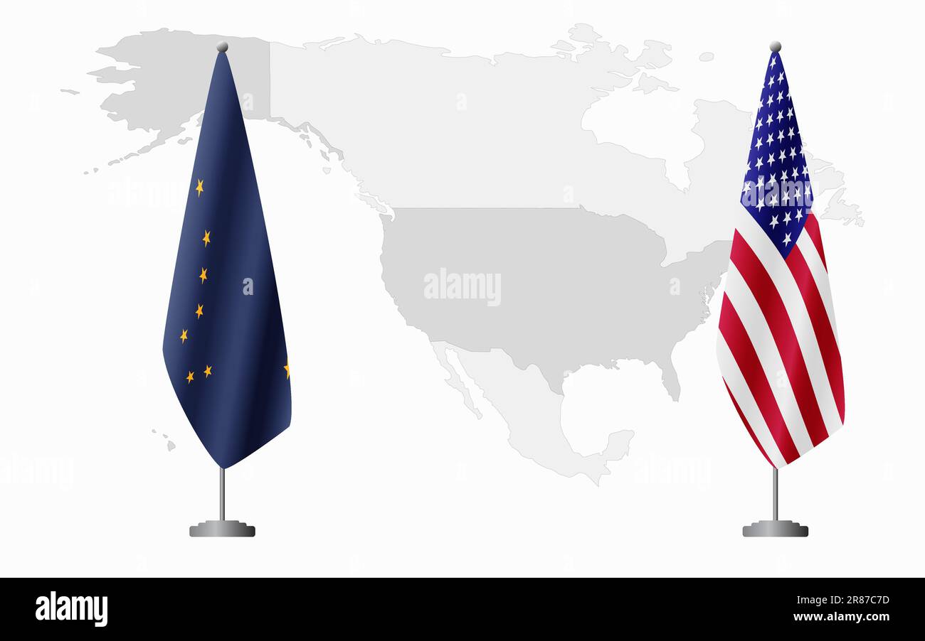 Alaska US and USA flags for official meeting against background of ...