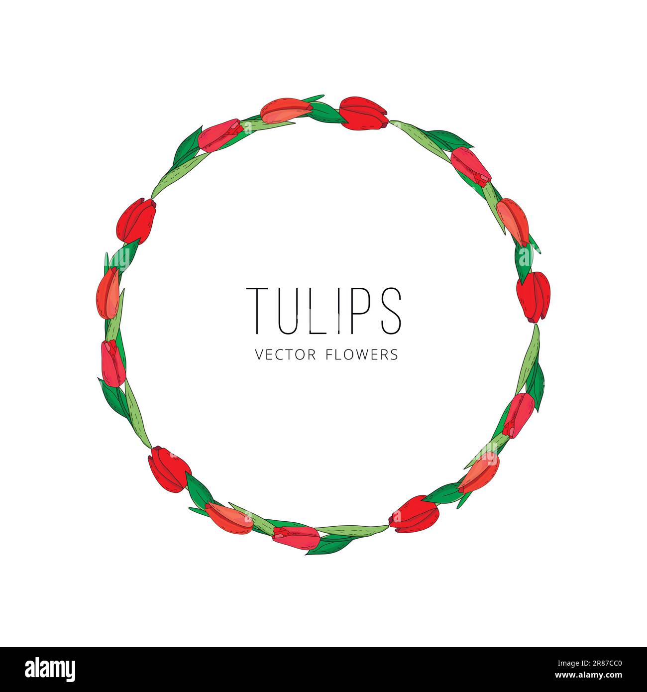 Hand drawn vector floral frame with red flowers tulips, branch and ...