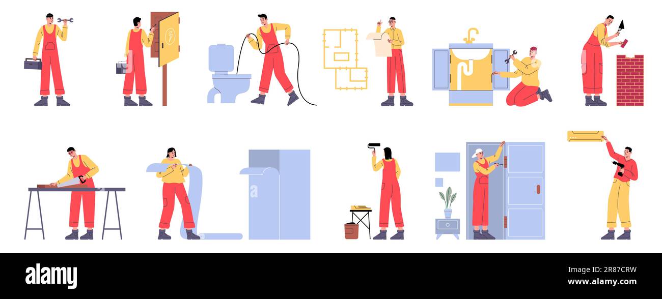 Home renovation people. Professional workers in uniform overalls. House ...