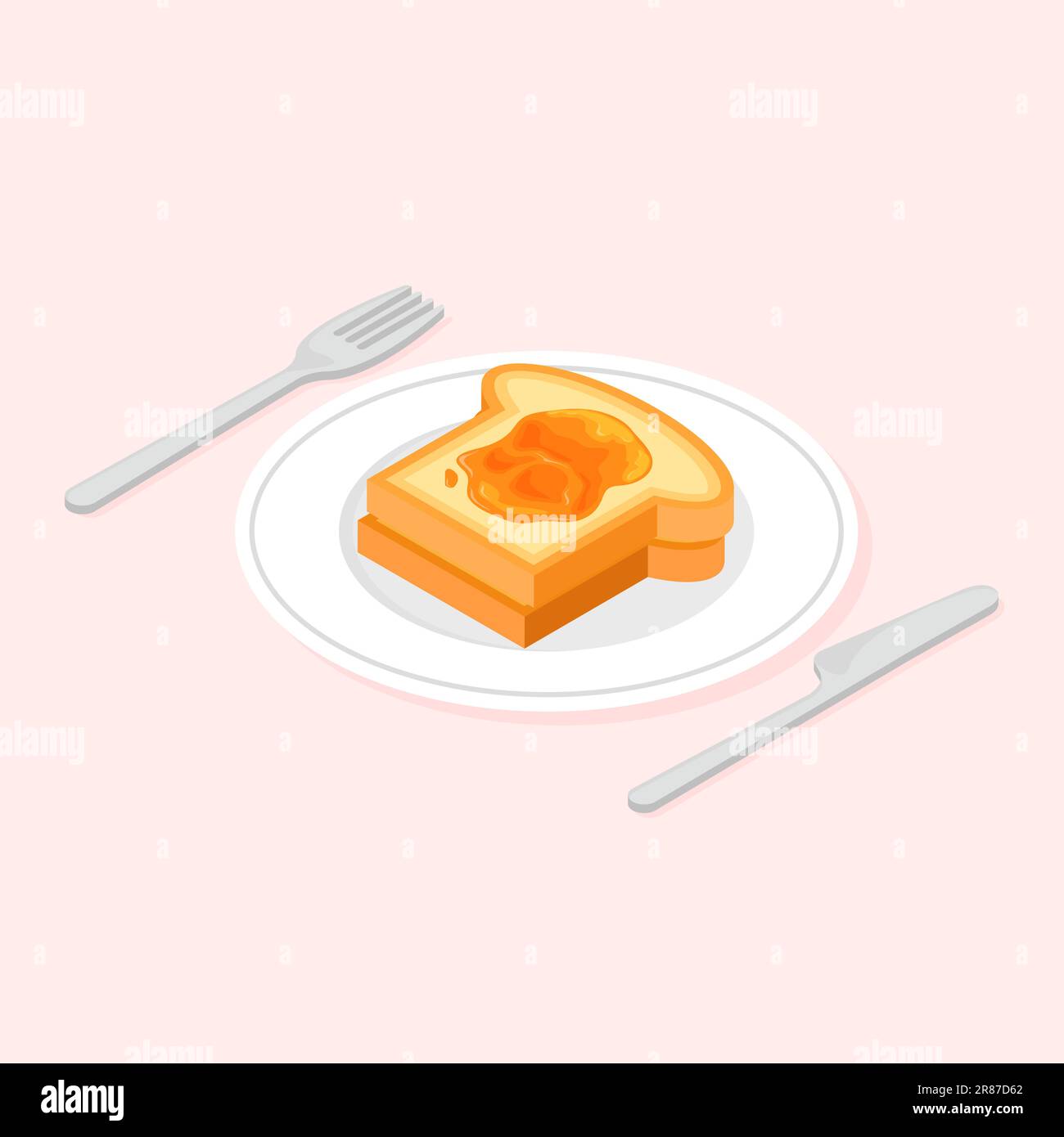 Toast bread with apricot jam. Plate with cutlery. Khife and fork ...