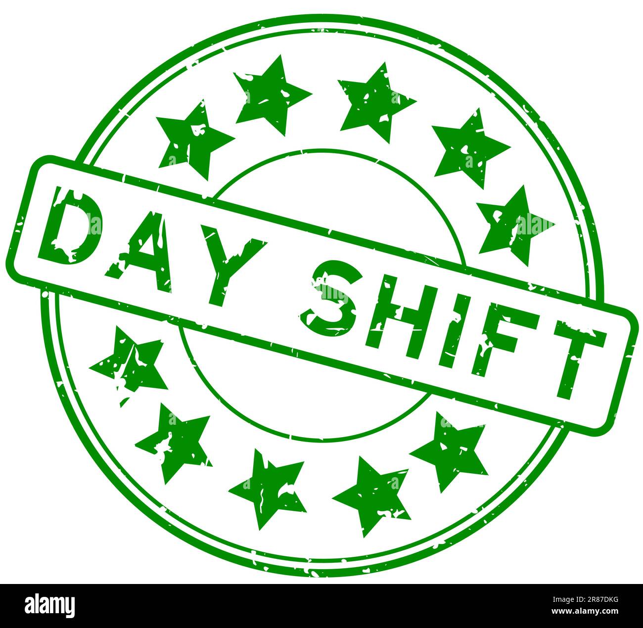 Grunge green day shift word with star icon round rubber seal stamp on ...