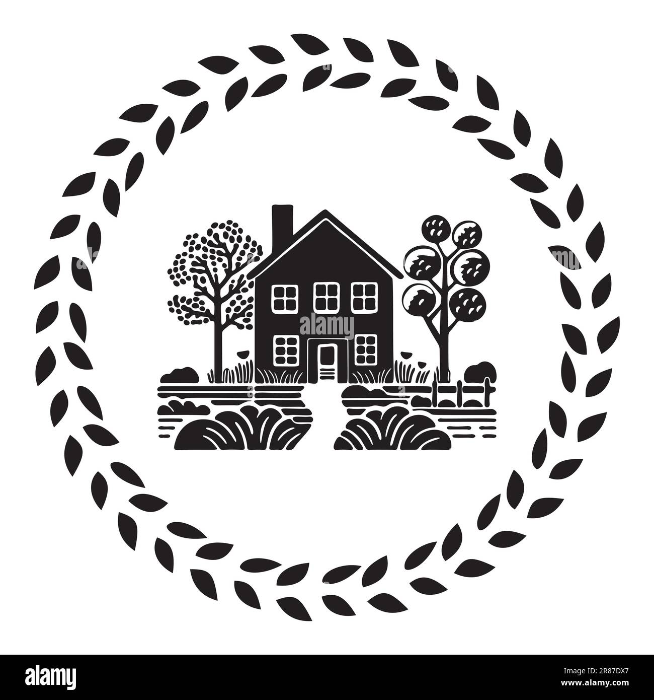 Cute rustic cottage motif in vintage style frame. Vector illustration ...