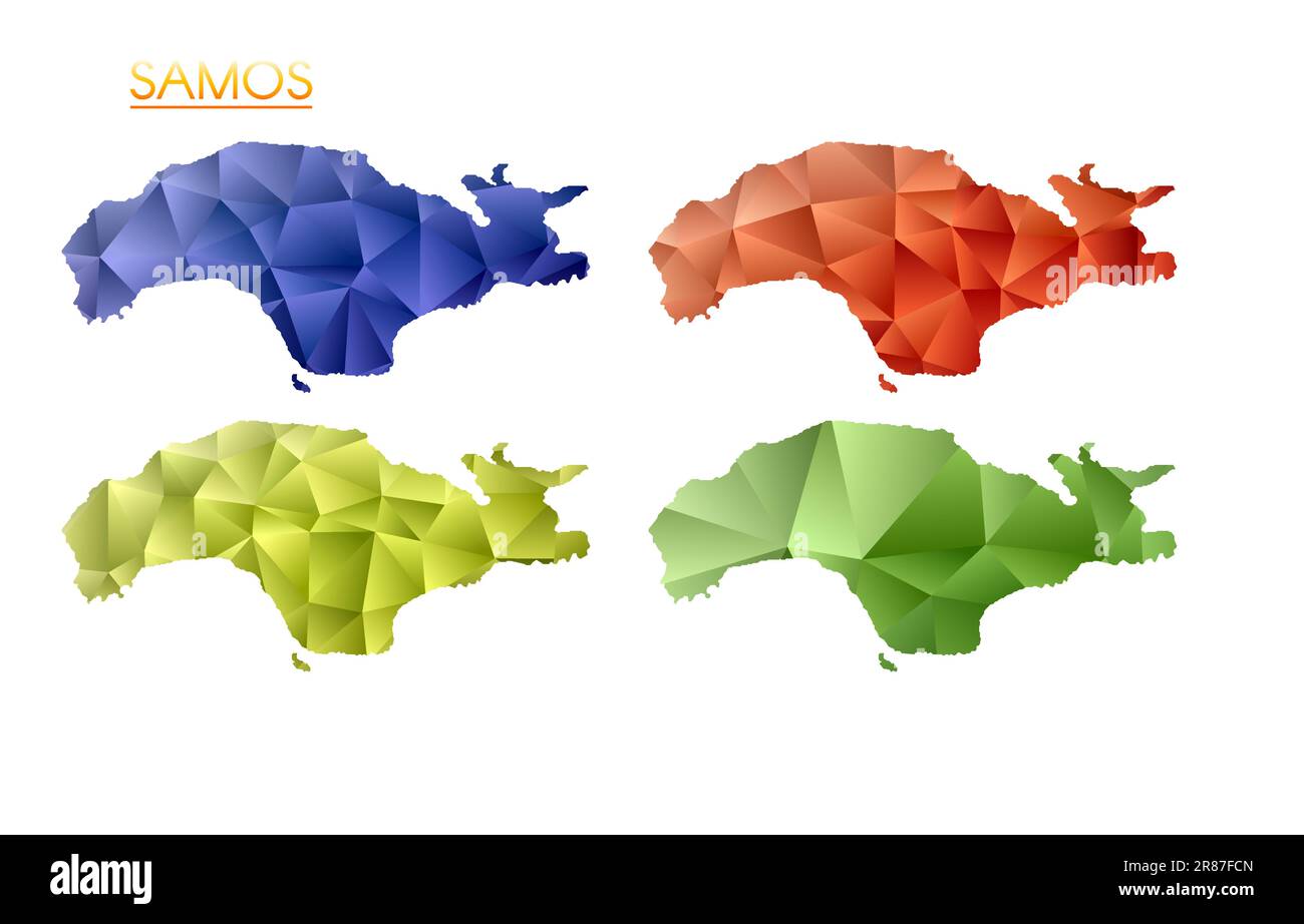 Set of vector polygonal maps of Samos. Bright gradient map of island in ...