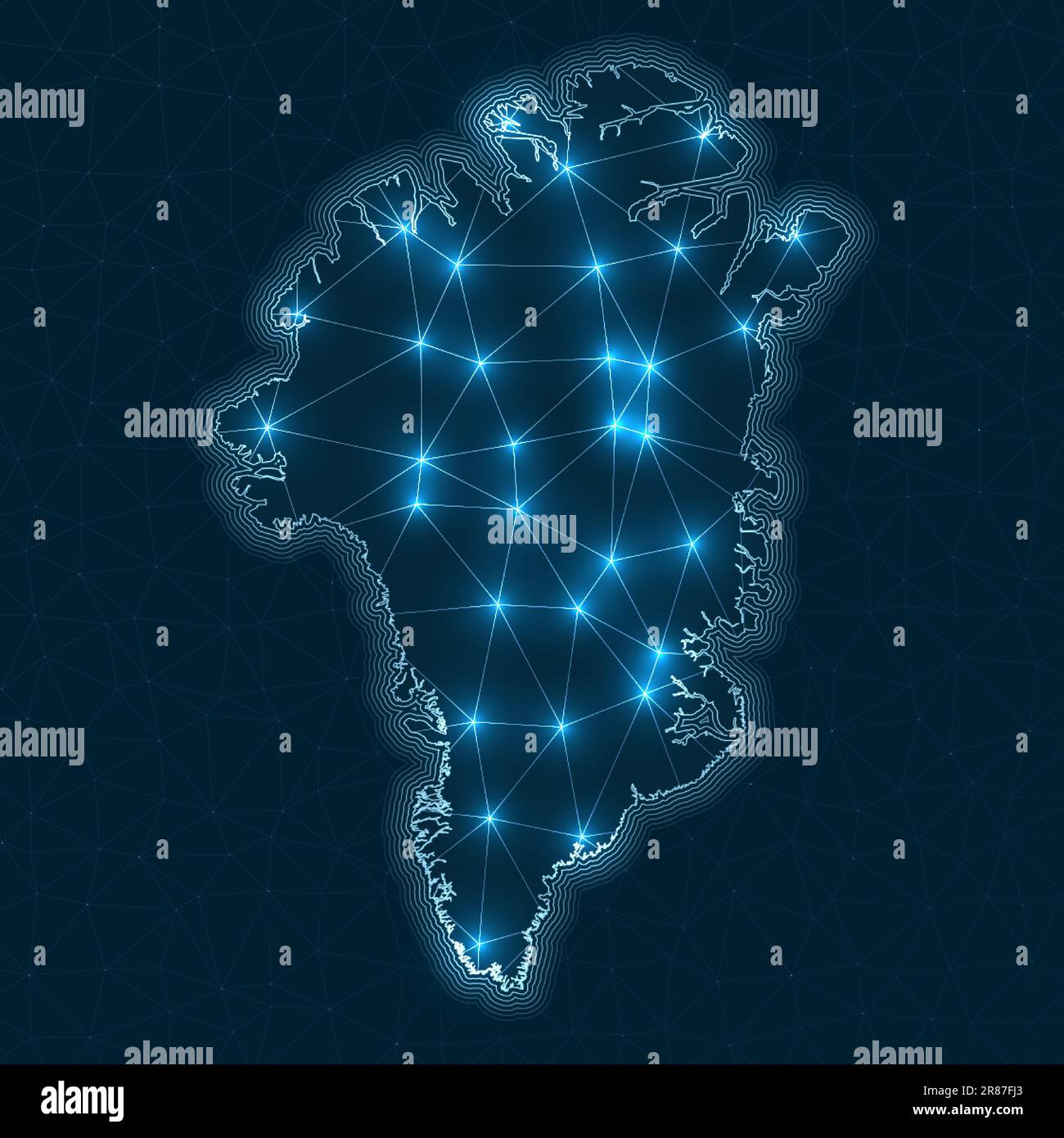 Greenland network map. Abstract geometric map of the country. Digital connections and ...