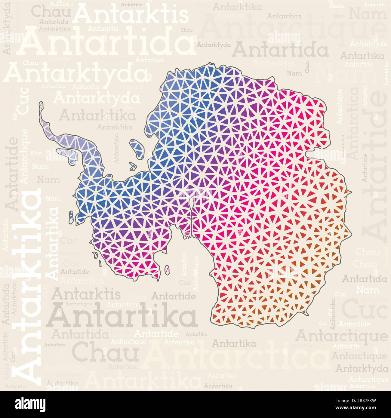 Antarctica map design. Country names in different languages and map ...