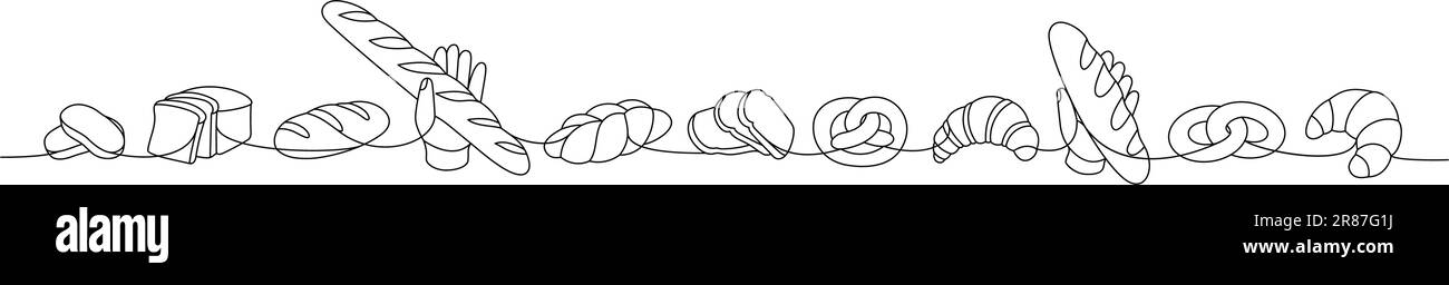 Set of breads one line continuous drawing. Wheat bread, pretzel ...